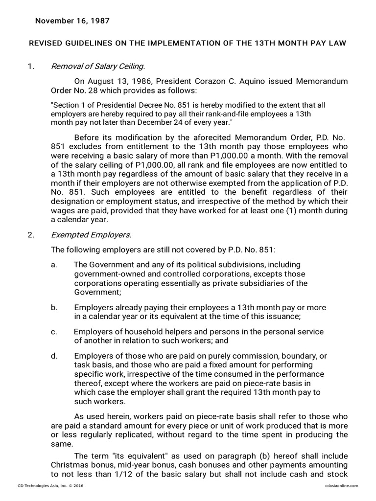 Revised Guidelines On The Implementation of The 13th Month Pay Law ...