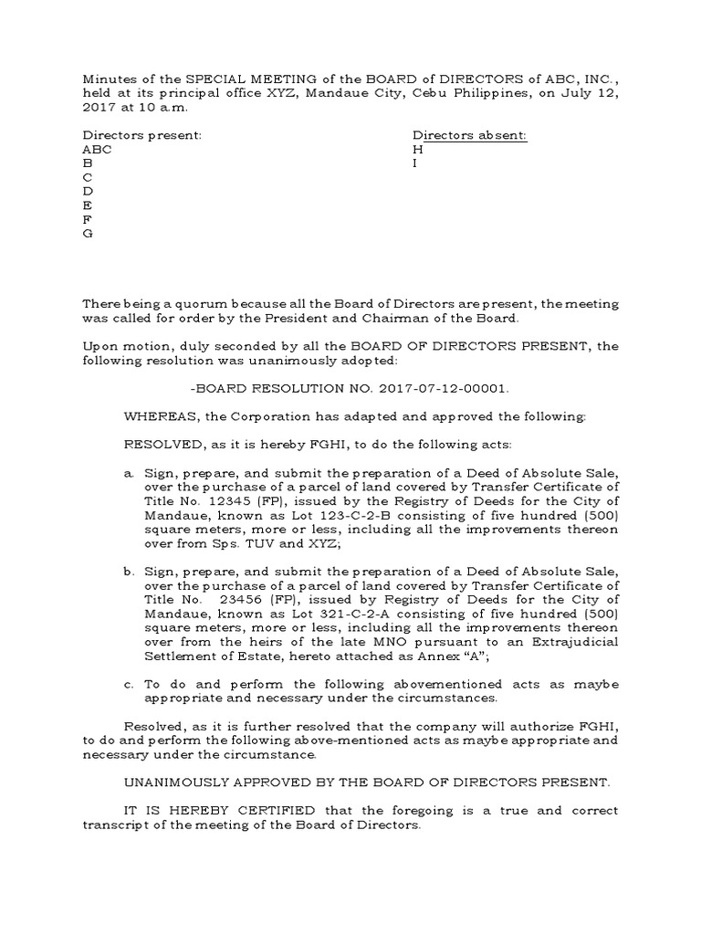 ABC INC - Board Resolution and Secretary's Certificate | PDF | Board Of ...
