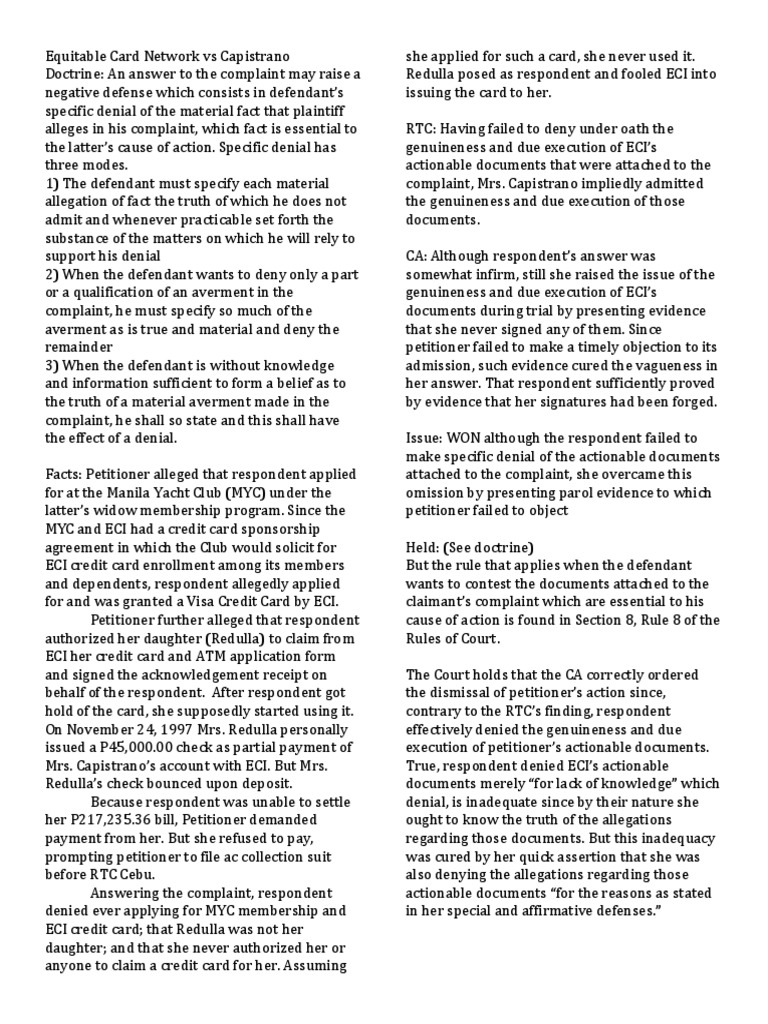 Equitable Card Network Vs Capistrano | PDF | Complaint | Lawsuit