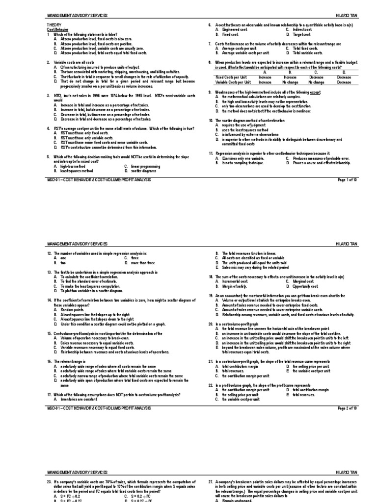 MAS Reviewer - Cost Behavior & CVP Analysis | PDF | Pricing | Marketing