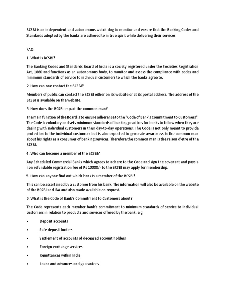 BCSBI | PDF | Deposit Account | Regulatory Compliance