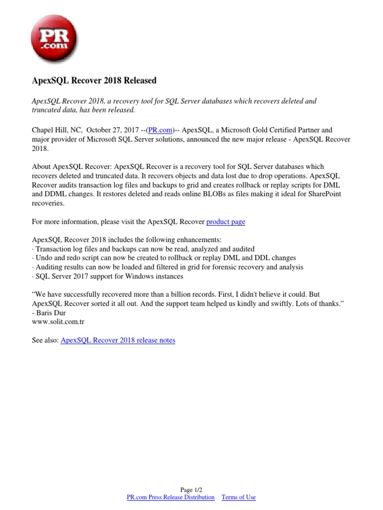 ApexSQL Recover 2018 Released | PDF | Microsoft Sql Server | Database ...