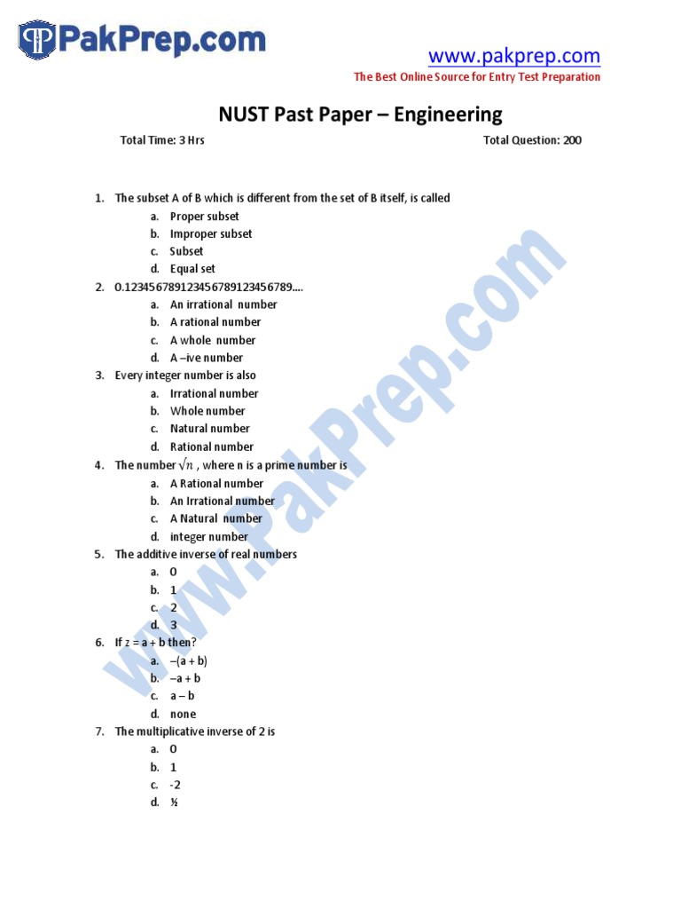 NUST Entry Test - Practice Test 1 | PDF | Function (Mathematics) | Mole ...