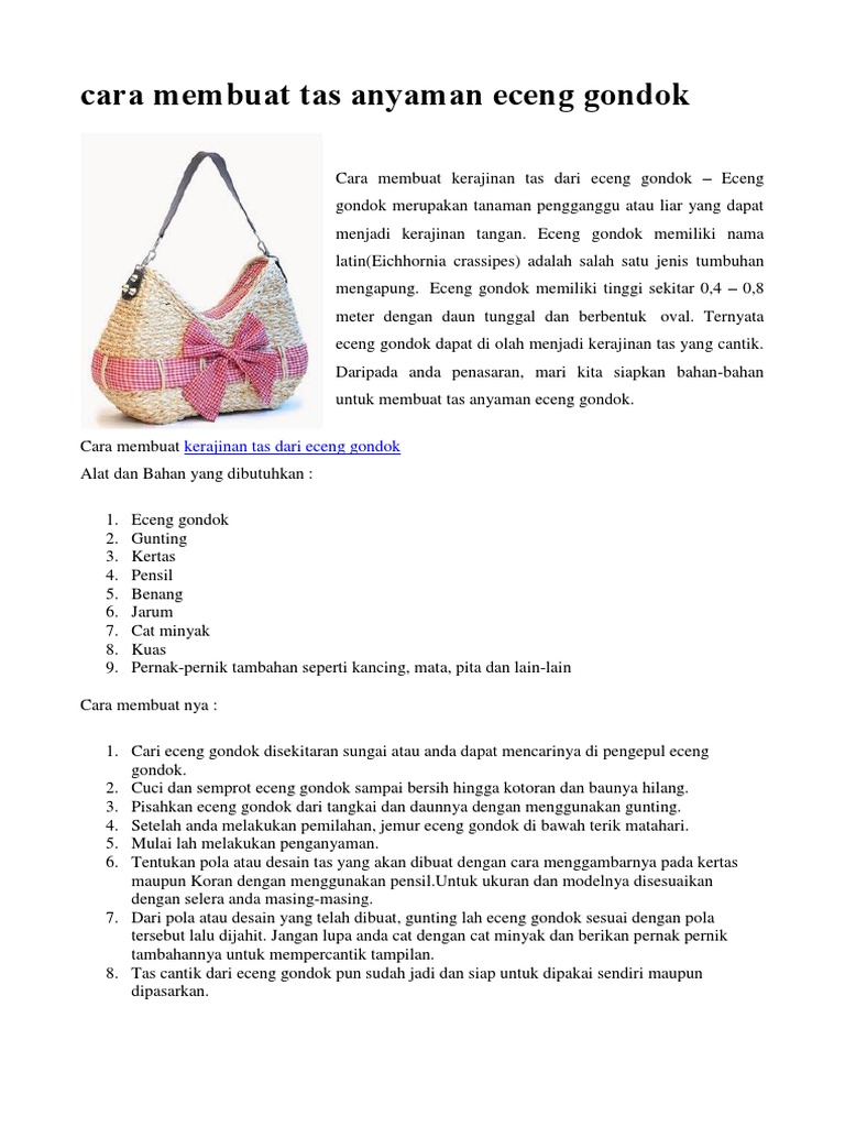 KERAJINAN TANGAN Cara Membuat Tas Anyaman Eceng Gondok | PDF