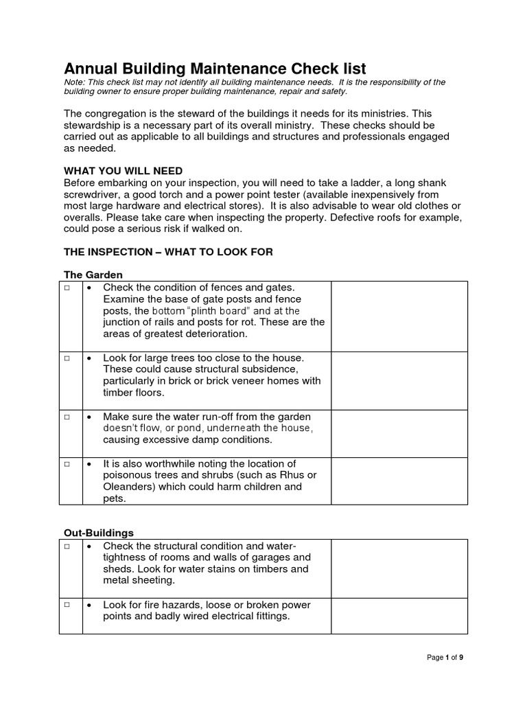 Annual Building Maintenance Checklist | PDF | Window | Roof
