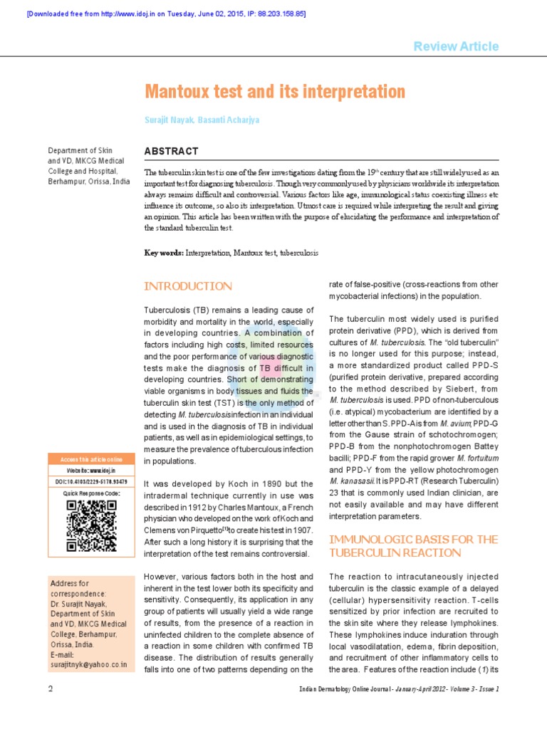 Mantoux Test and Its Interpretation: Review Article | PDF ...