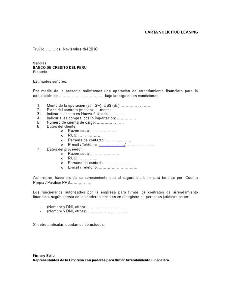 Solicitud de Leasing Financiero | PDF