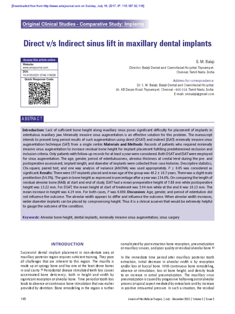 Direct Vs Indirect Sinus Lift | PDF | Dental Implant | Medical Specialties
