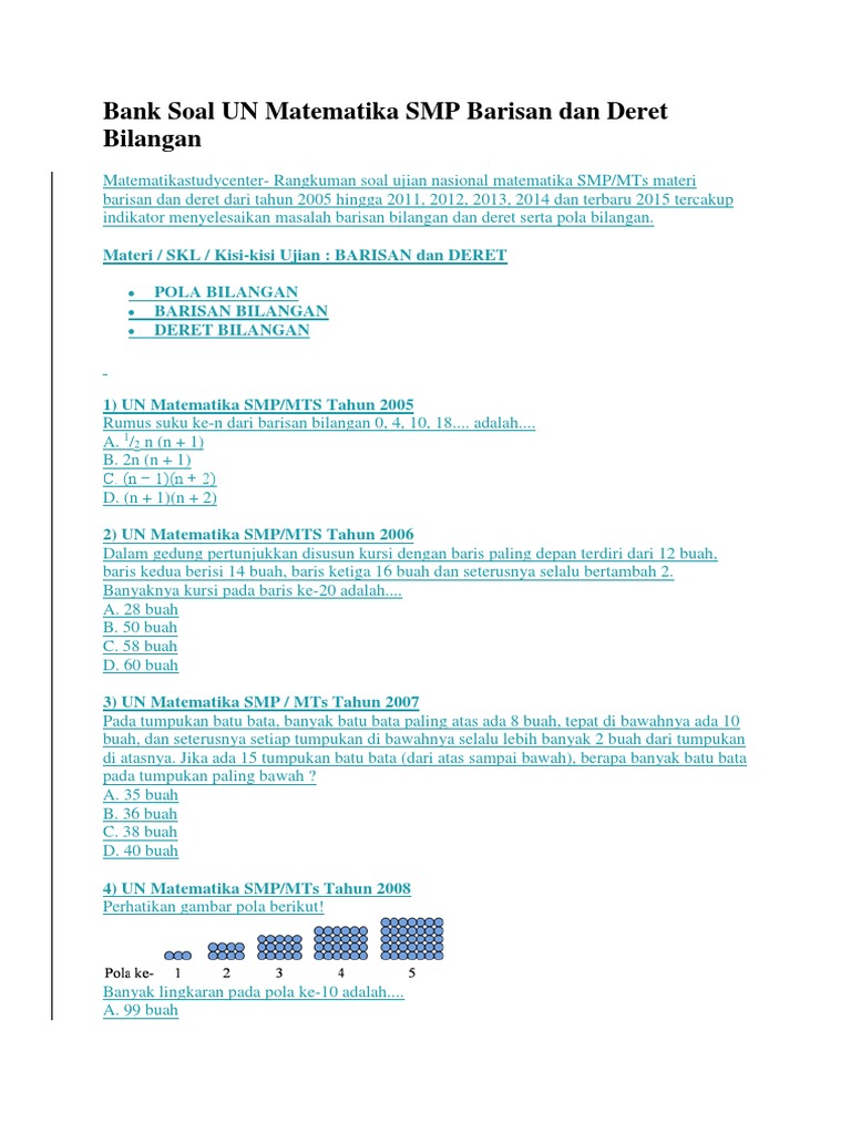 Bank Soal UN Matematika SMP Barisan Dan Deret Bilangan | PDF
