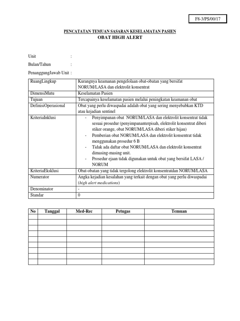 Form Temuan Obat High Alert | PDF