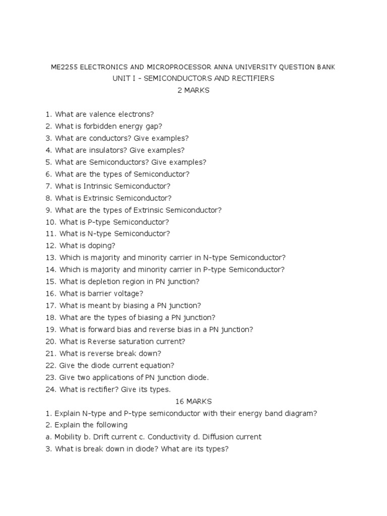 Me2255 Electronics and Microprocessor Anna University Question Bank ...