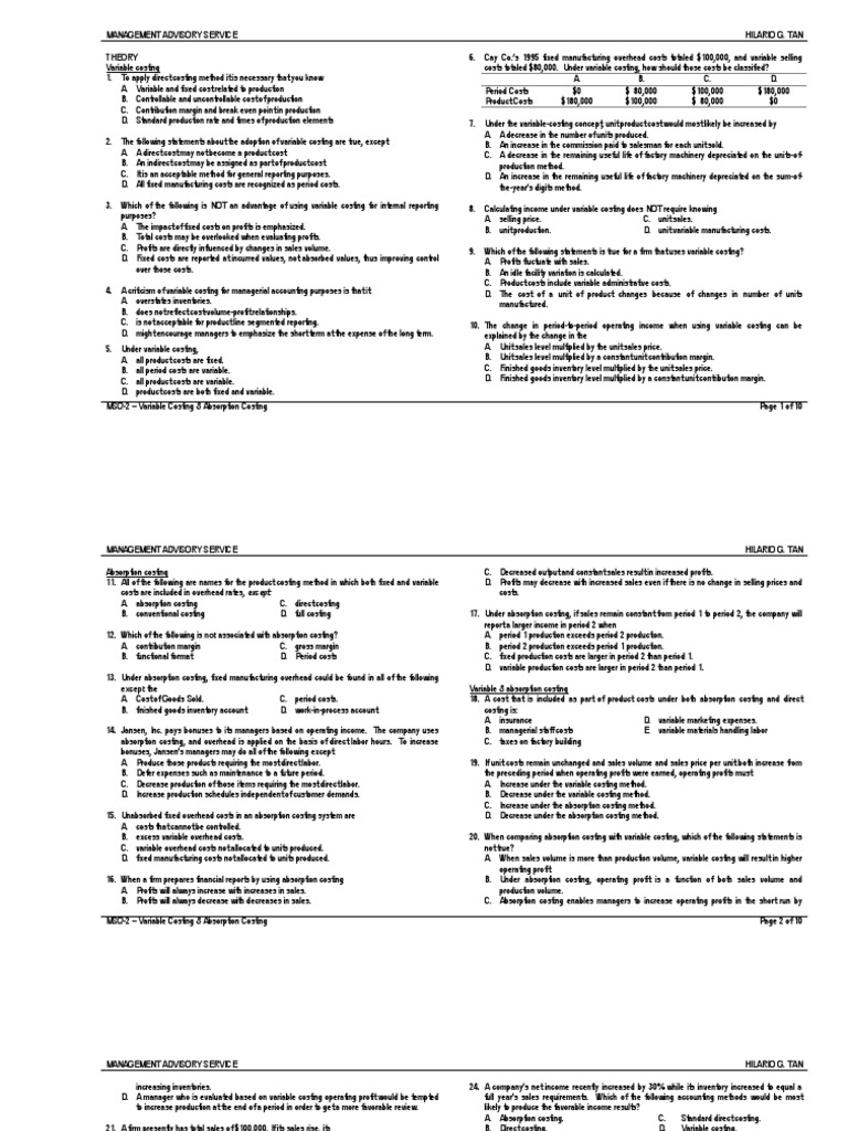 MAS Reviewer - Variable & Absorption Costing | PDF | Cost Of Goods Sold ...