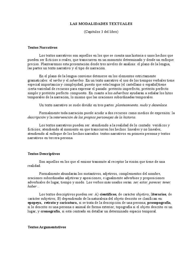Modalidades Textuales: Narrativa, Descripción, Argumentación y ...