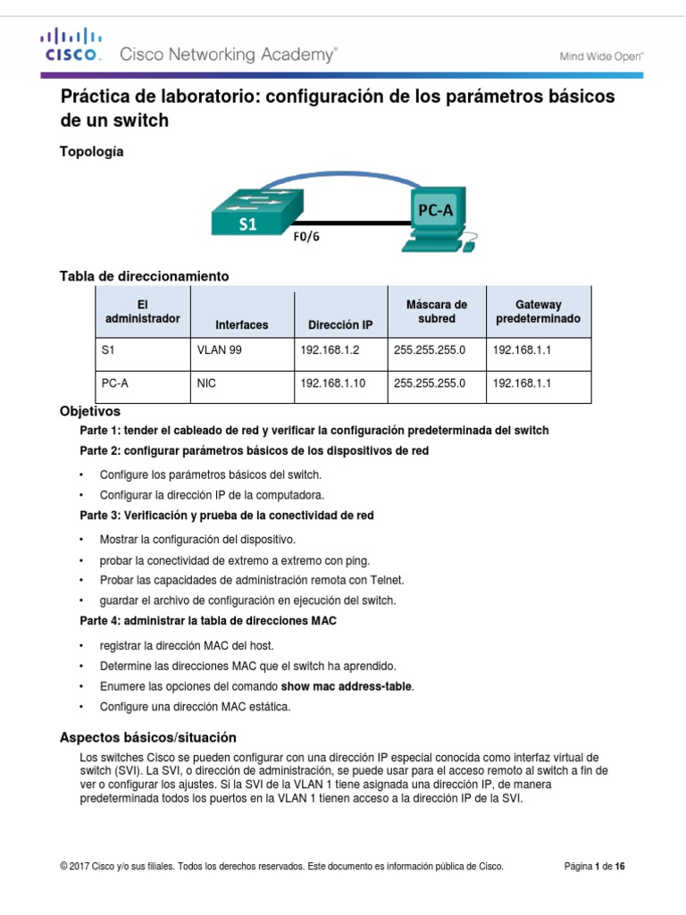 5.1.1.6 Lab - Configuring Basic Switch Settings (Completa) | PDF | Dirección IP | Conmutador de red