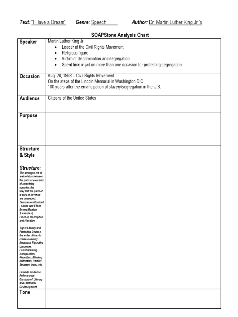 Pre-Reading MLK Soapstone Chart | PDF
