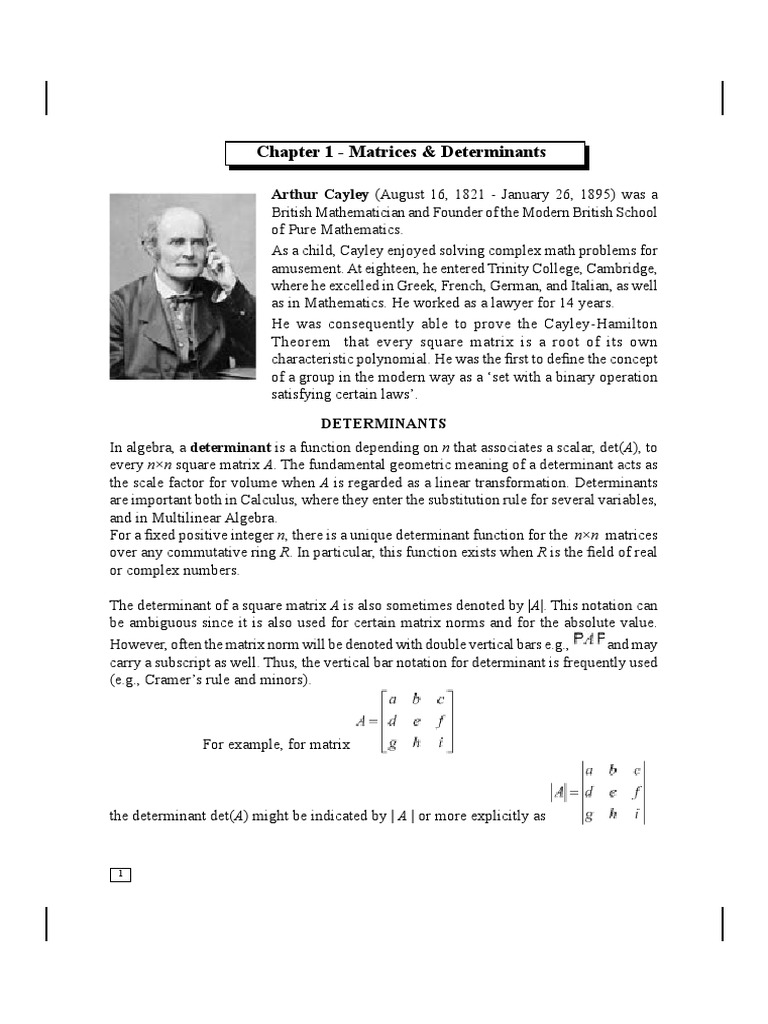 Chapter 1 - Matrices & Determinants: Arthur Cayley (August 16, 1821 - January 26, 1895) Was A ...