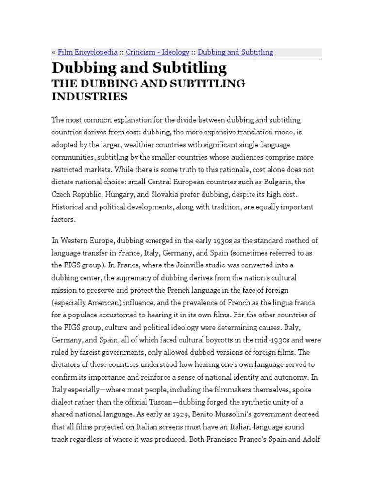 Dubbing and Subtitling The Dubbing and Subtling Industries | PDF ...