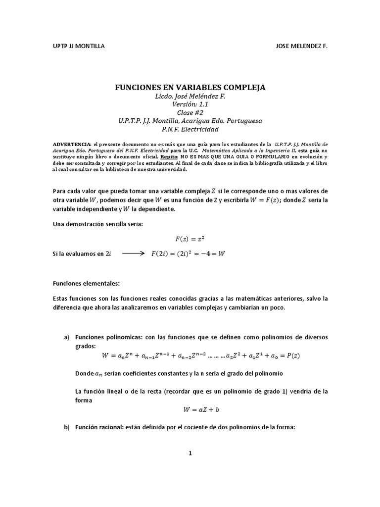 Funciones en Variables Compleja Clase 2 | PDF | Raíz cuadrada | Función (Matemáticas)