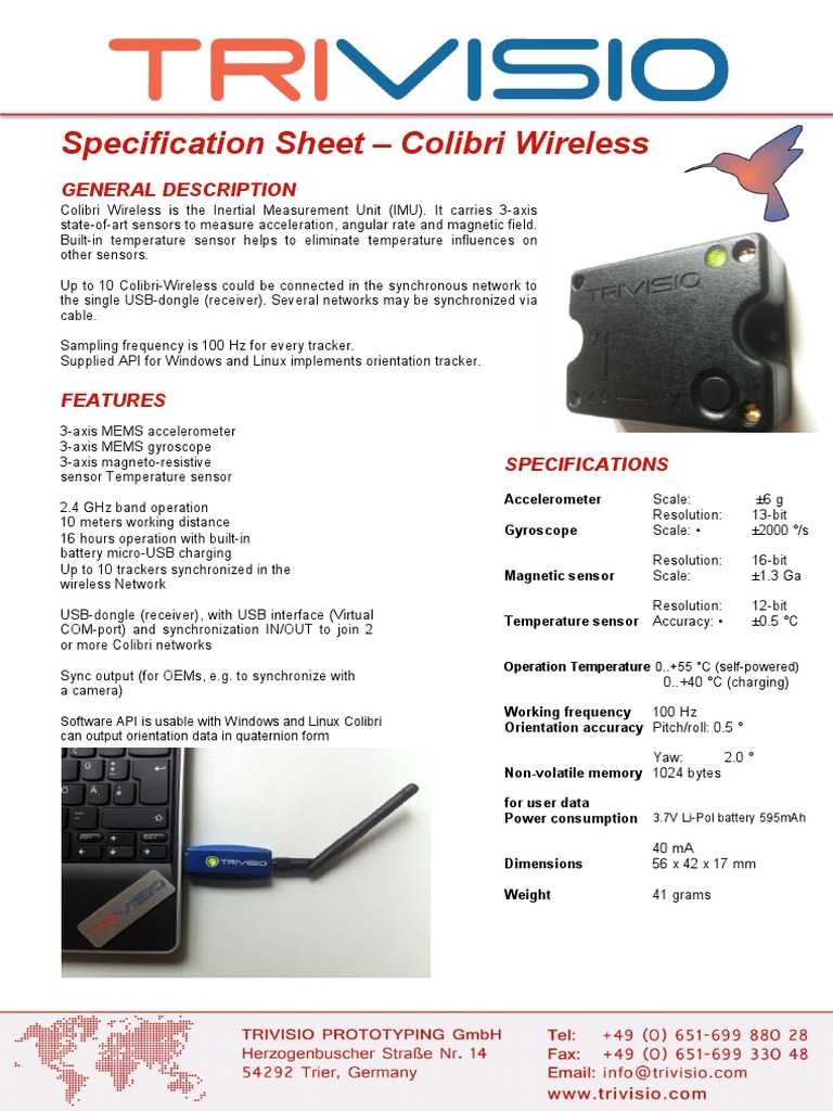 Colibri Wireless IMU Spec Sheet | PDF | Accelerometer | Manufactured Goods