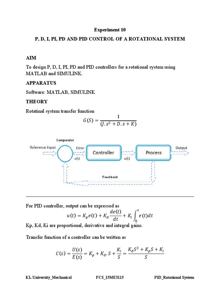 Experiment 10 P, D, I, Pi, PD and Pid Control of A Rotational System ...