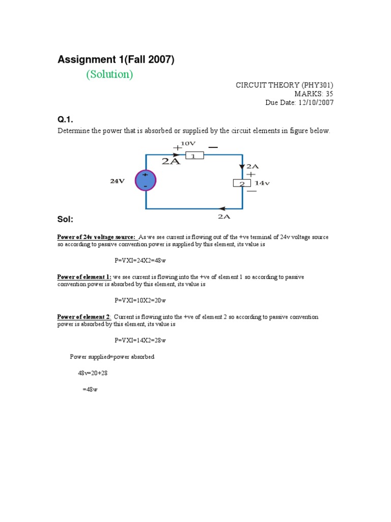Circuit Theory Solved Assignments Semester Fall 2007 Pdf Series