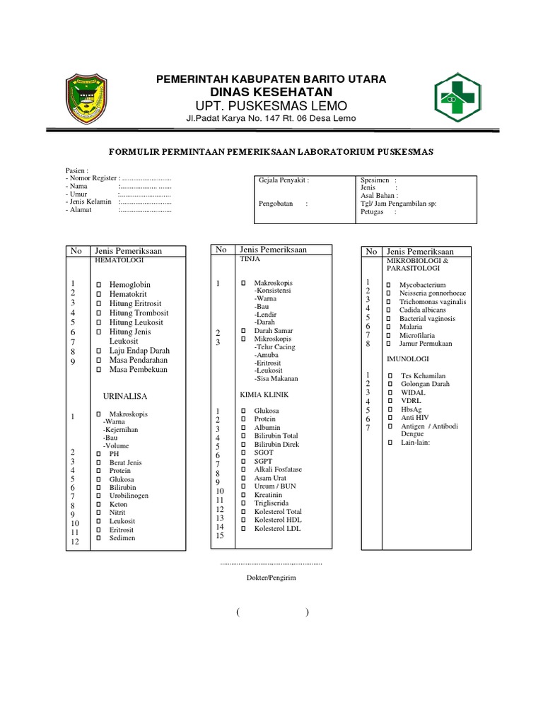 Formulir Permintaan Lab Puskesmas Lemo | PDF