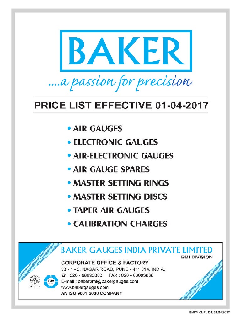 Baker Air Gauges Pricelist 2017 | PDF