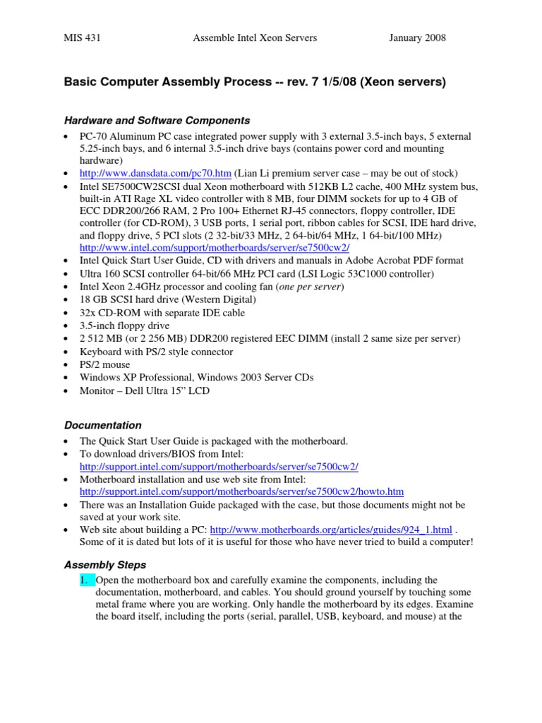 Basic Computer Assembly Process - Rev. 7 1/5/08 (Xeon Servers) | PDF ...