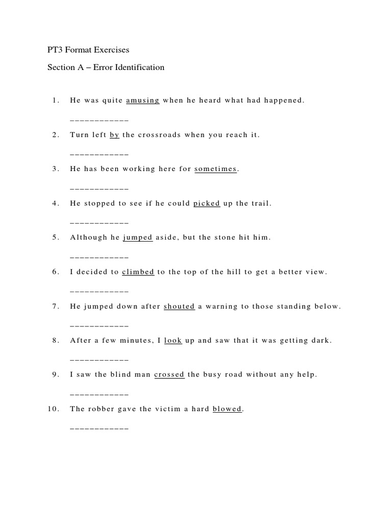 PT3 Format Exercises Section A - Error Identification | PDF