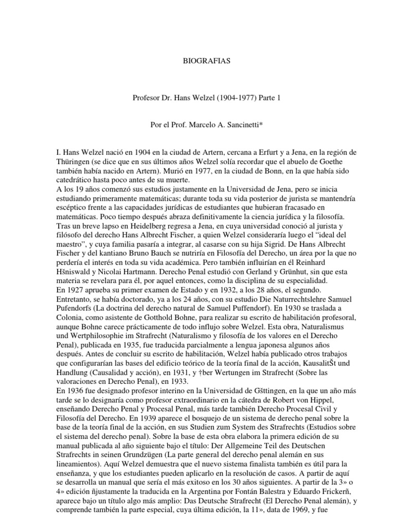 Biografia Del Profesor Dr. Hans Welzel (1904-1977) Por El Prof. Marcelo ...