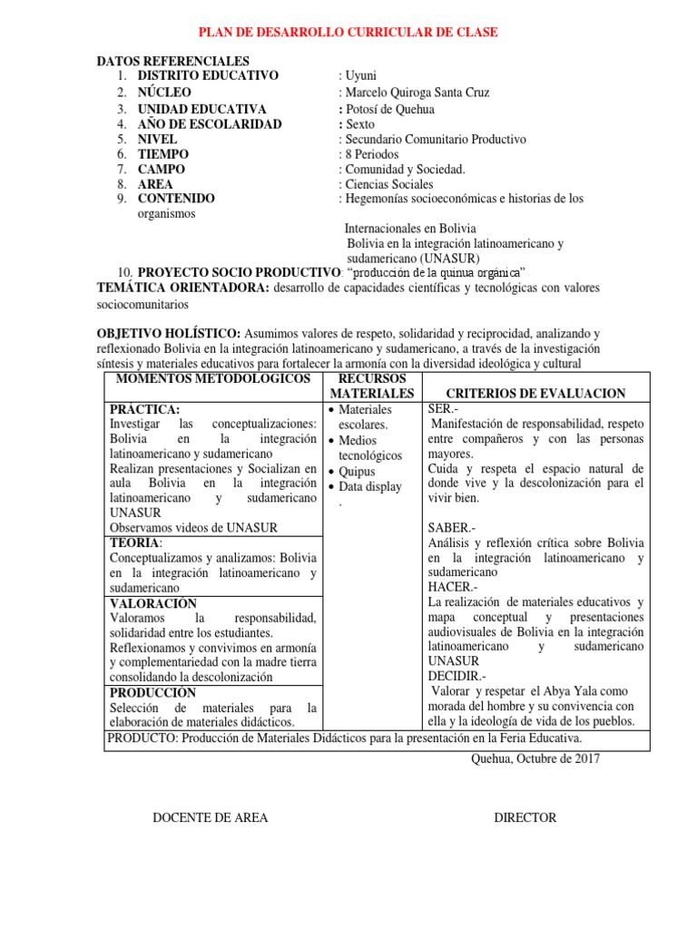 Plan de Desarrollo Curricular de Clase | Bolivia | América del Sur