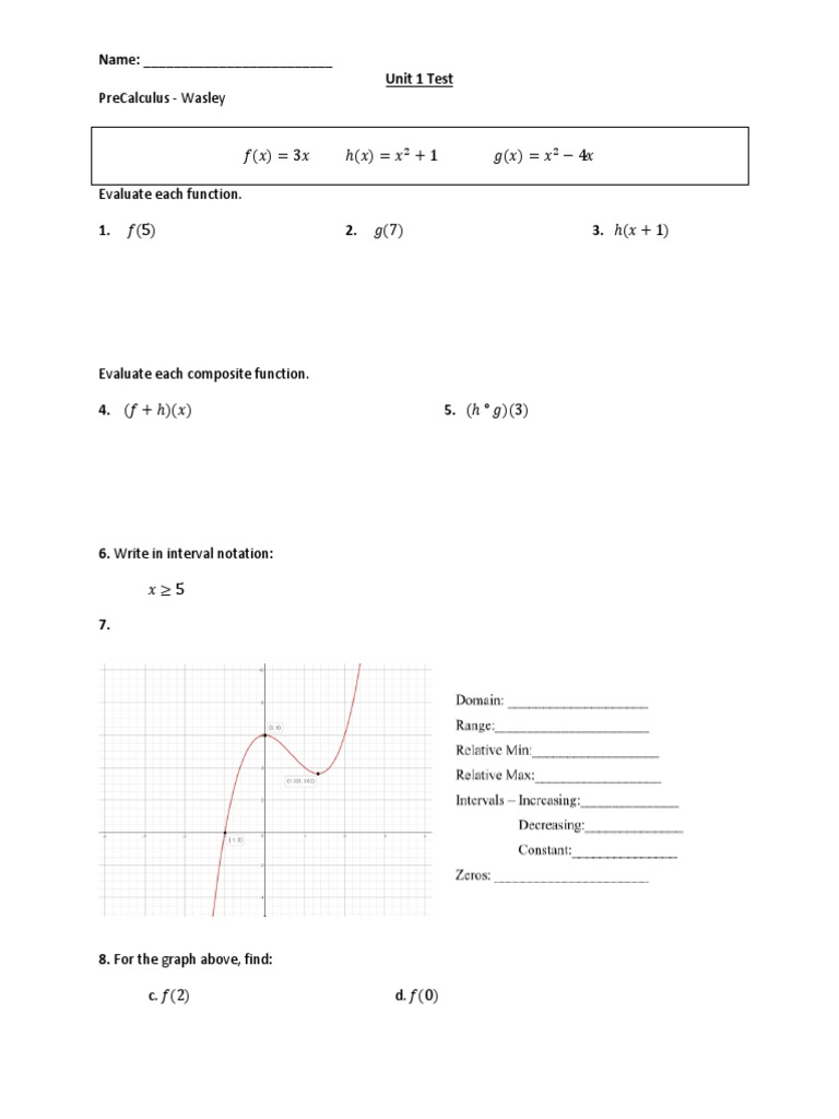 Precalculus - Wasley: Name: - Unit 1 Test | PDF | Teaching Methods ...