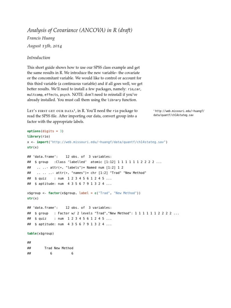 ANCOVA Analysis in R: A Step-by-Step Guide | PDF | Analysis Of ...