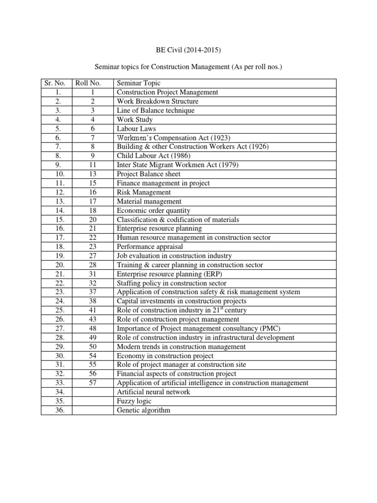 Construction Management Seminar Topics | PDF