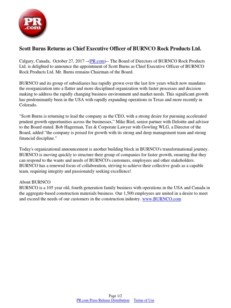 Scott Burns Returns As Chief Executive Officer of BURNCO Rock Products ...