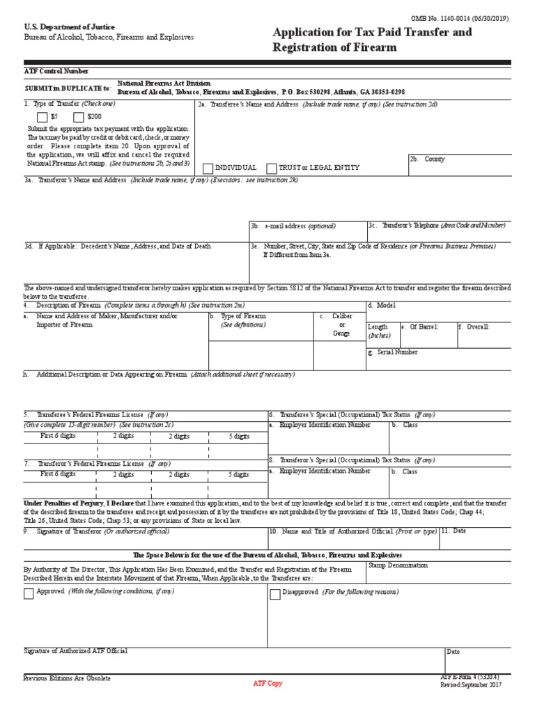 ATF Form 4 Application For Tax Paid Transfer and Registration of ...