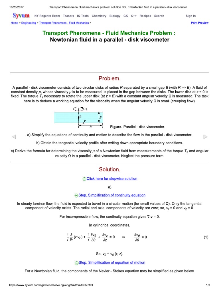 Transport Phenomena Fluid Mechanics Pro... Fluid in A Parallel - Disk Viscometer | PDF