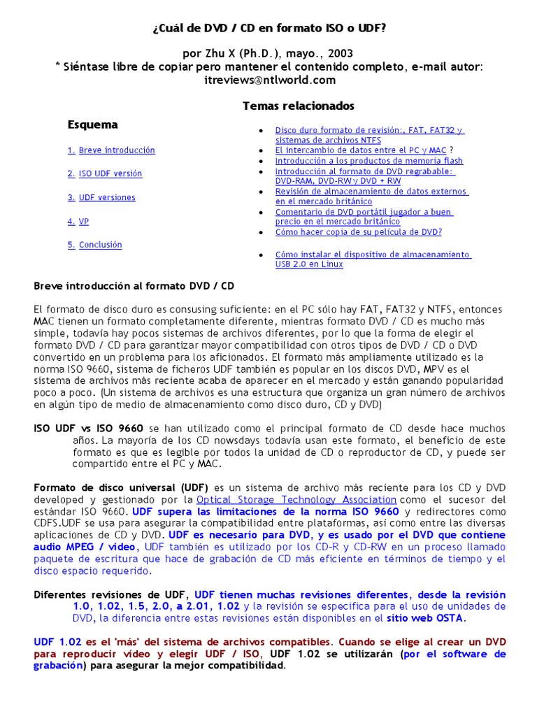 Comparativa entre formatos ISO y UDF | PDF | Disco compacto | CD ROM