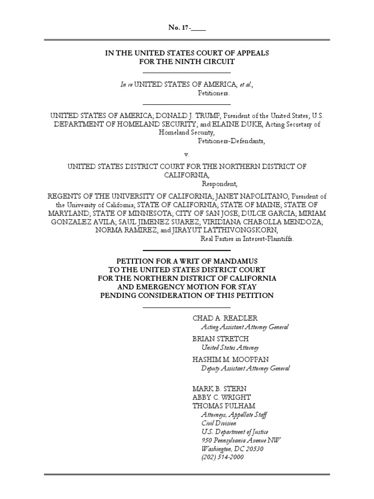 Petition For Writ of Mandamus (Ninth Circuit) | PDF | Deferred Action For Childhood Arrivals ...