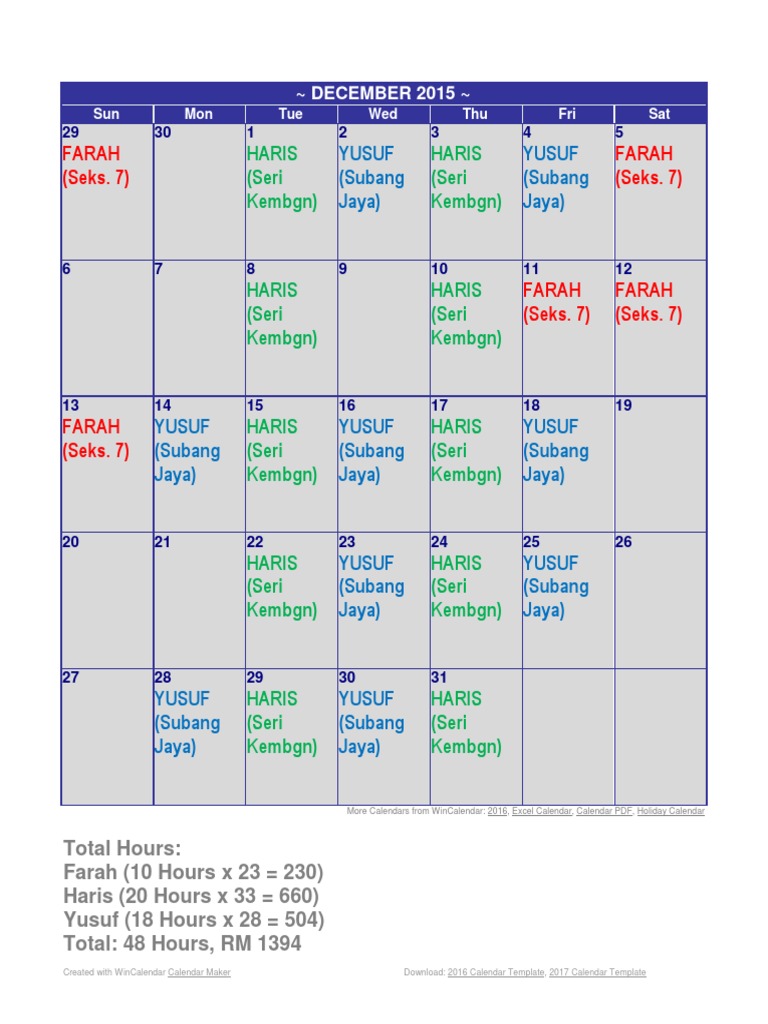 December 2015 Work Schedule | PDF