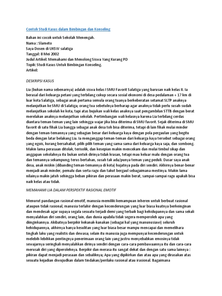 Contoh Studi Kasus Dalam Bimbingan Dan Konseling | PDF