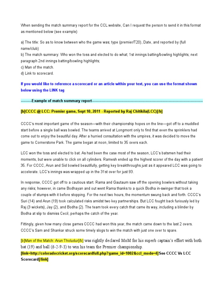 CCL Match Summary Template | PDF | Sports | Team Sports