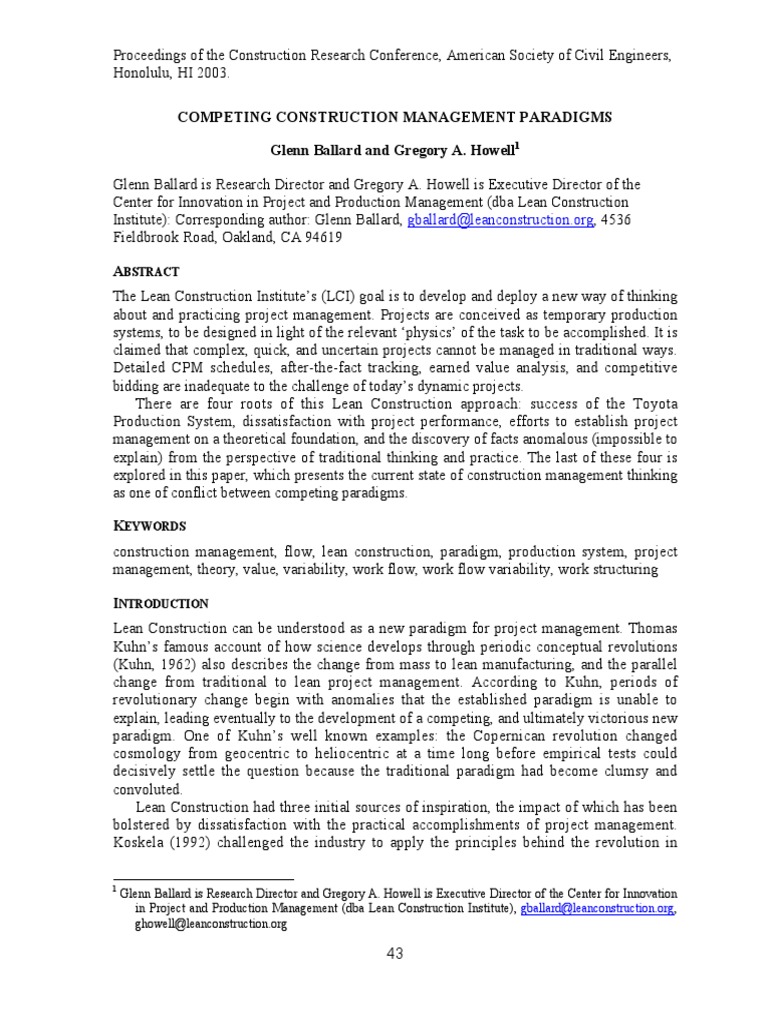 Competing Construction Management Paradigms Glenn Ballard and Gregory A ...