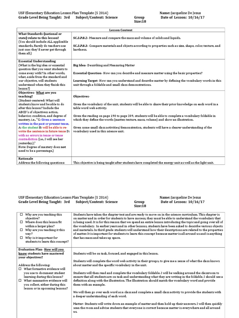 USF Elementary Education Lesson Plan Template (S 2014) | PDF | Lesson ...