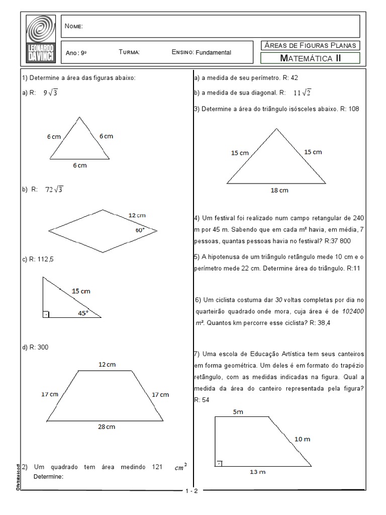 Lista Áreas Figuras Planas 9º Ano Triângulo Geometria Elementar