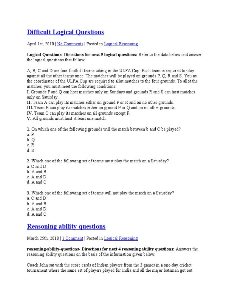 Difficult Logical Questions | PDF | Reason