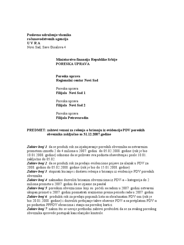 Dopis Poreskoj Upravi Brisanje Iz PDV | PDF