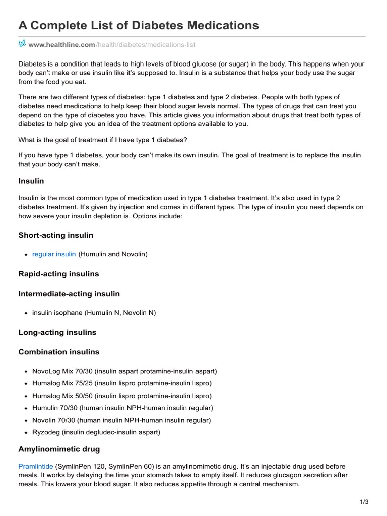 A Complete List of Diabetes Medications | PDF | Insulin | Diabetes ...