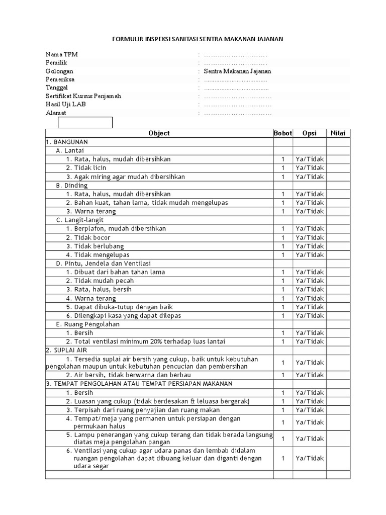 Formulir Inspeksi Sanitasi Sentra Makanan Jajanan | PDF