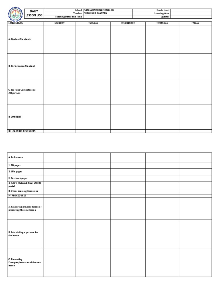 Daily Lesson Log Template for Teachers | PDF